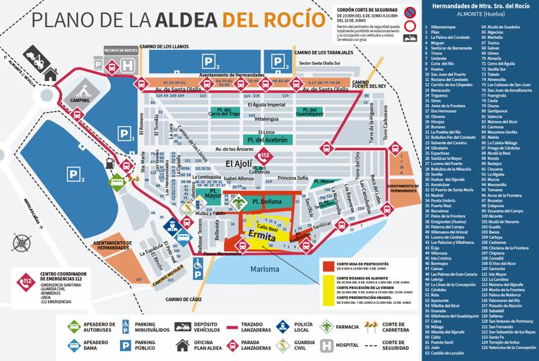Plano de la aldea del Rocío: Calles, casas de hermandad, aparcamientos
