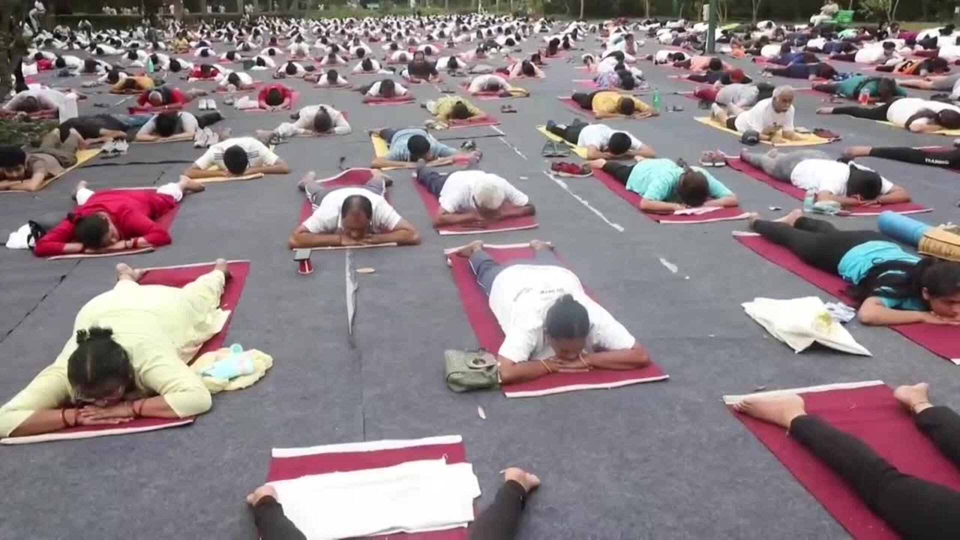 Indios practican yoga en los Jardines de Lodhi en Nueva Delhi