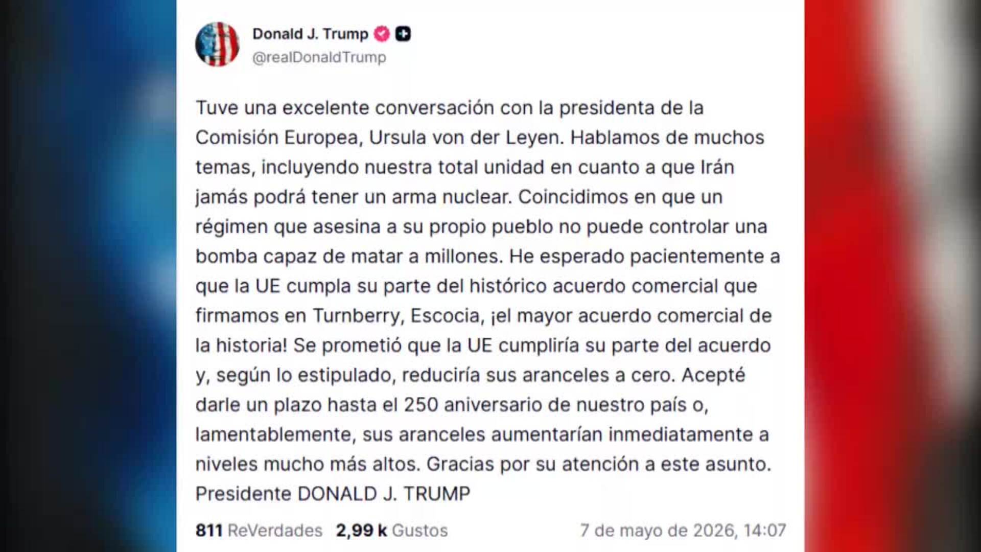 Trump habla con Von der Leyen y le da hasta el 4 de julio para cumplir ...