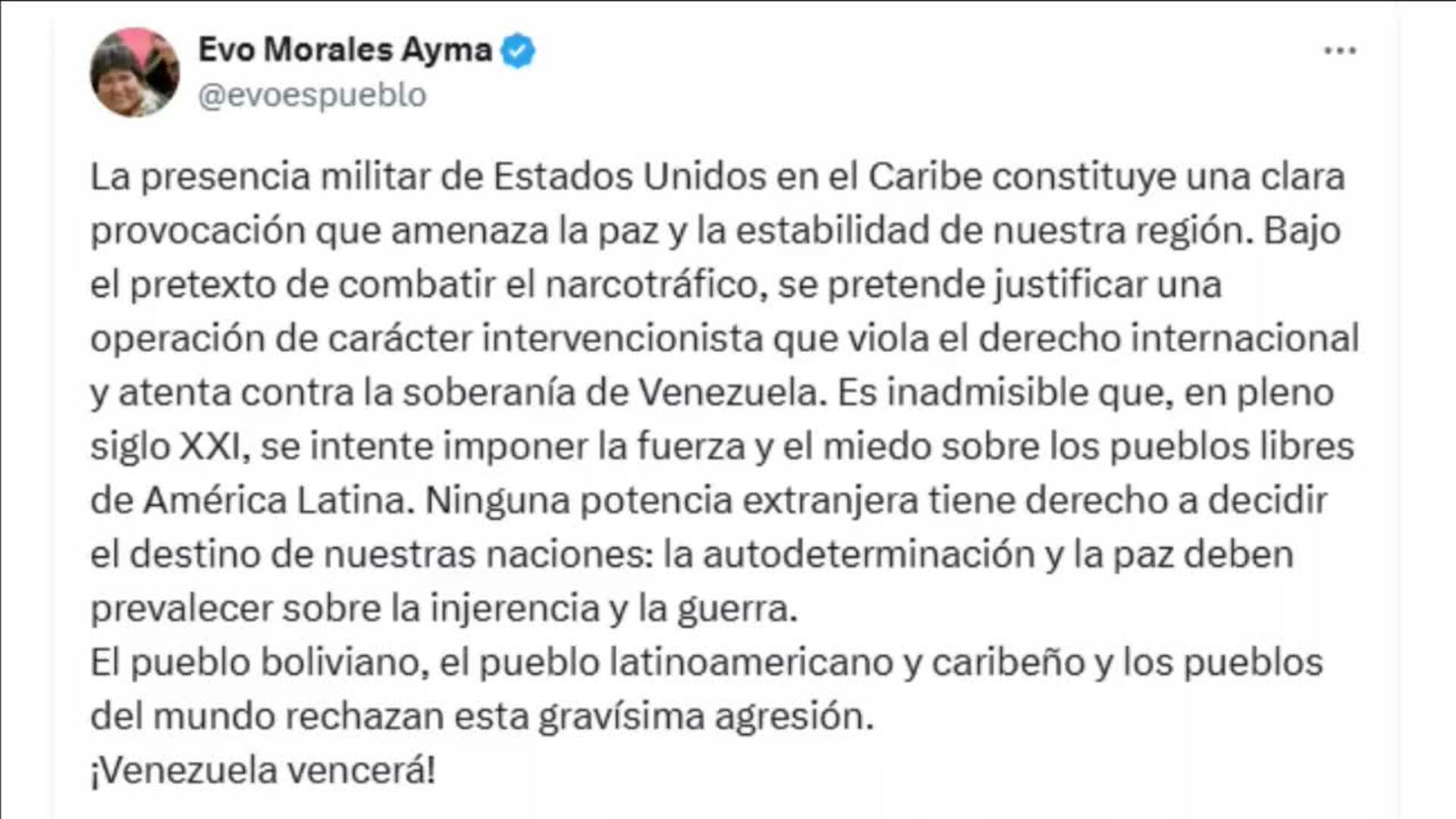 Evo Morales dice que maniobra militar de EE.UU. en el Caribe "amenaza ...