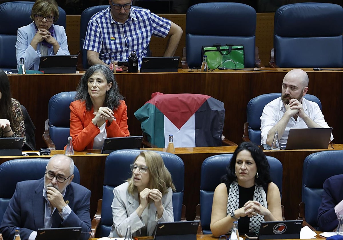 Bronca en la Asamblea al negarse Más Madrid a retirar una bandera de Palestina de un escaño