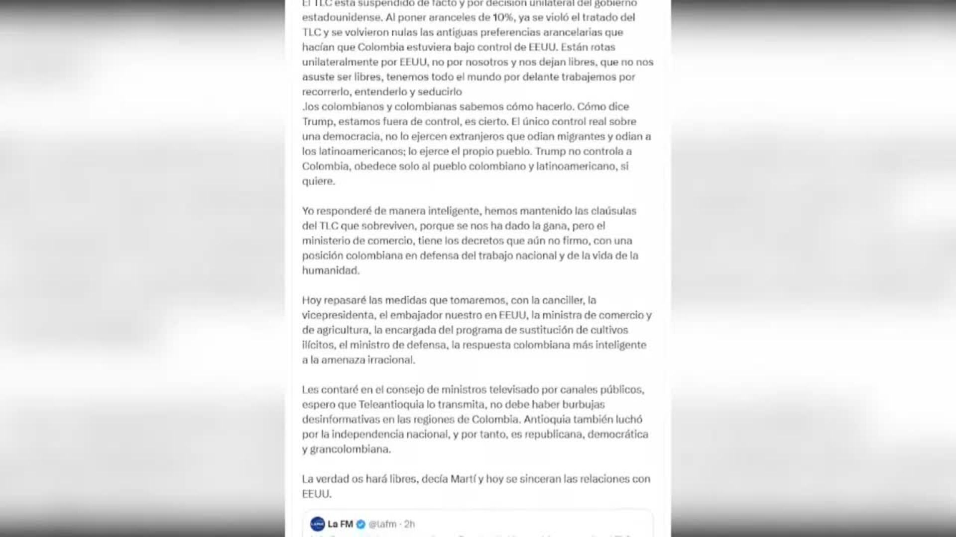 Petro anuncia que el Tratado de Libre Comercio está "suspendido de ...