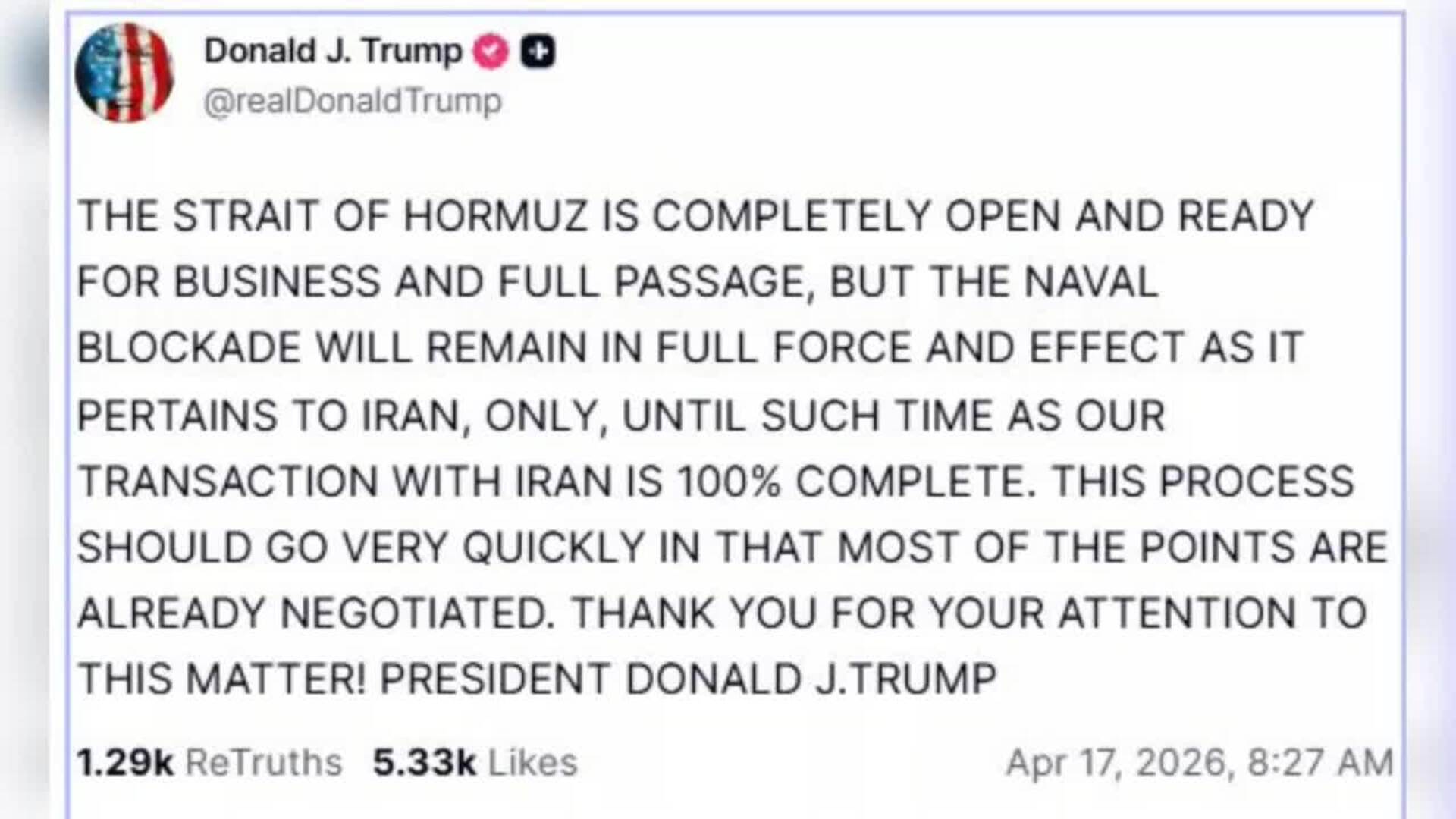 Trump anuncia que mantiene el bloqueo naval a Irán pese a la reapertura ...