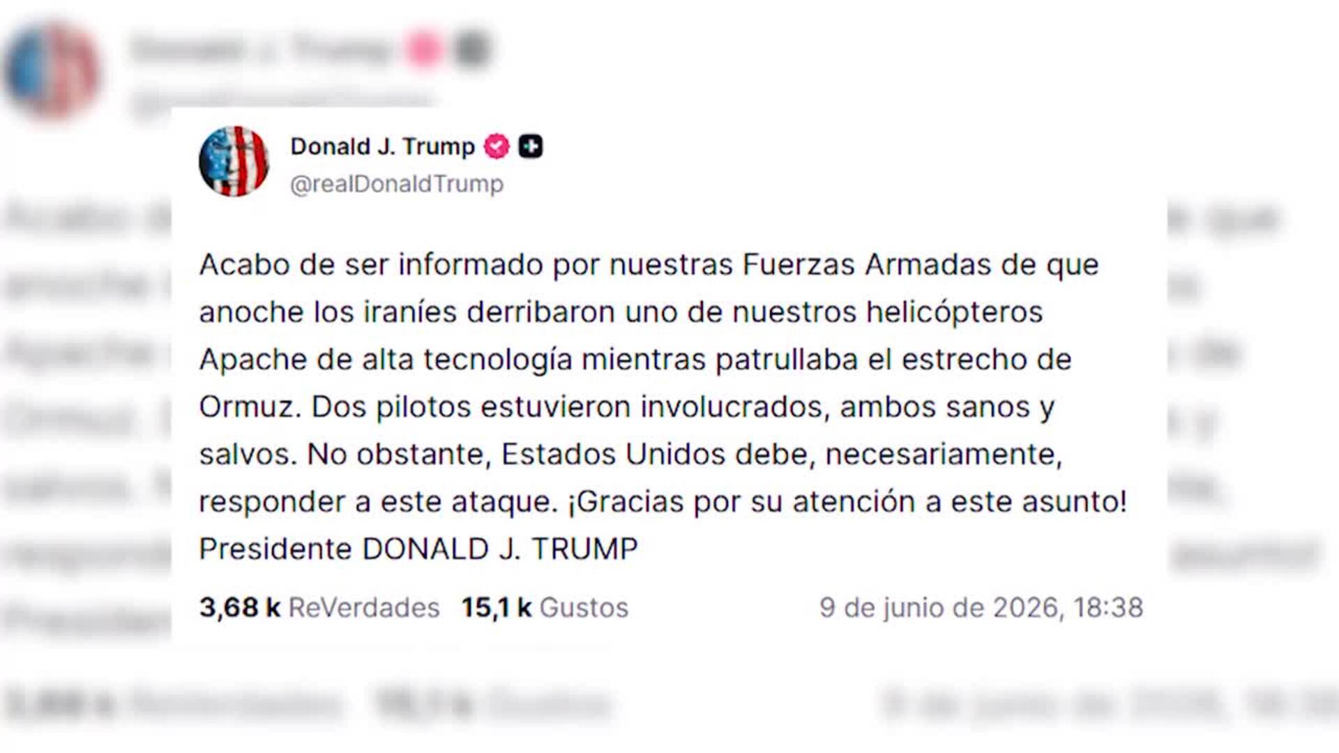 Trump califica de "derribo" el accidente de un helicóptero en Ormuz y ...